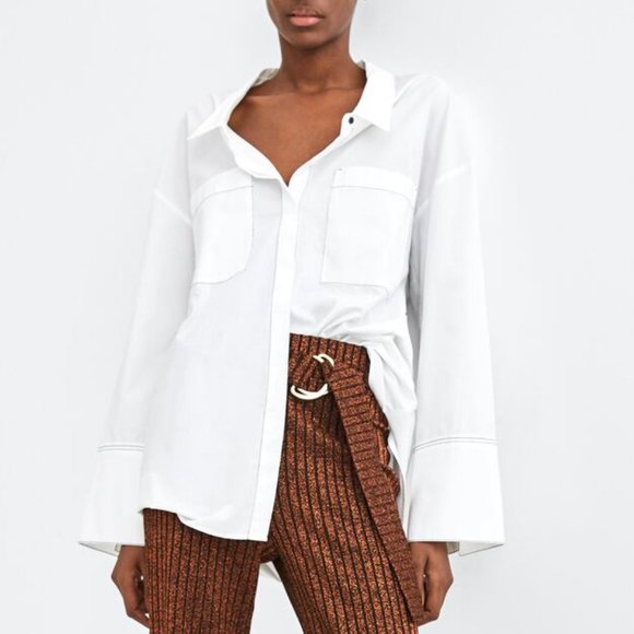 Zara | Tops | Nwt Zara Size Xs White Contrasting Topstitching Shirt ...